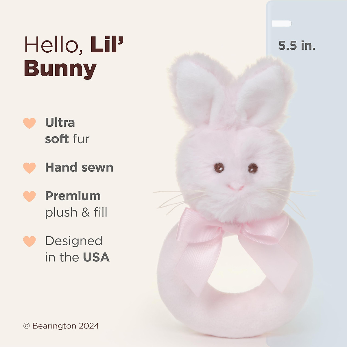 Bearington Baby Lil’ Bunny, 5.5 Inch Pink Soft Stuffed Easter Bunny Rattle, Baby Easter Gifts
