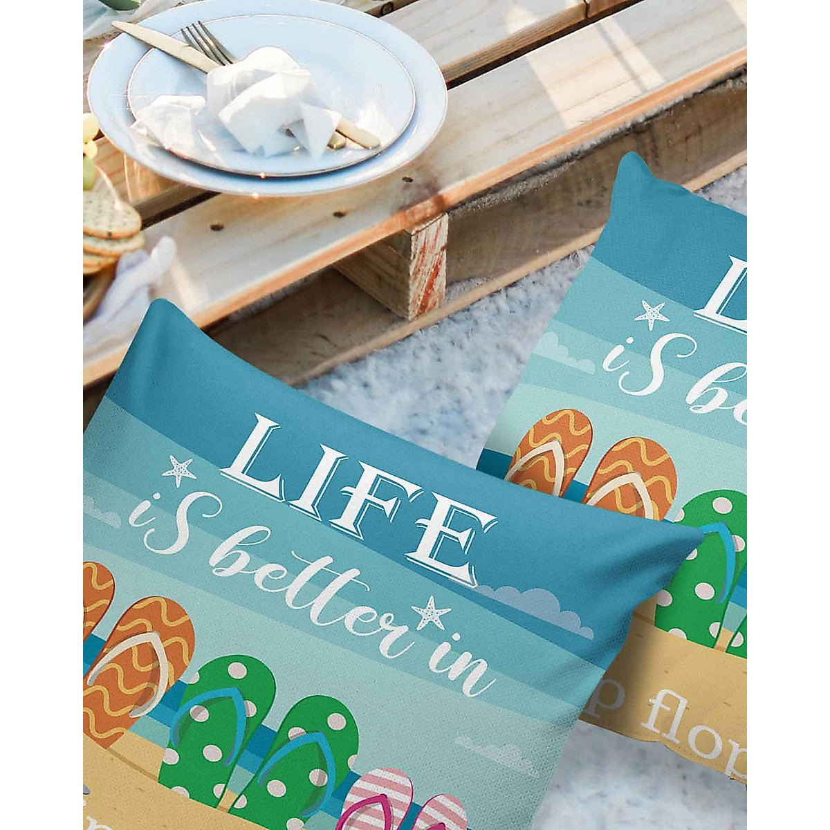 Outdoor Waterproof Pillow Covers for Patio Furniture Summer Beach Decorative Throw Pillow Cover Life Is Better in Flip Flops Pillowcases Set of 2 Cushion Case for Sofa Couch Chair Home Decor 18x18inch