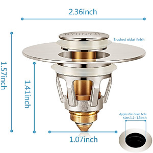 Bathroom Sink Stoppers Brushed Nickel，Pop Up Drain Stopper for Bathroom Sink，‎2-in-1 Sink Stopper & Strainer,Universal Wash Basin Sink Stopper，for 1.1"~1.5" Bathroom Sink Drain Pipe（Brushed Nickel）