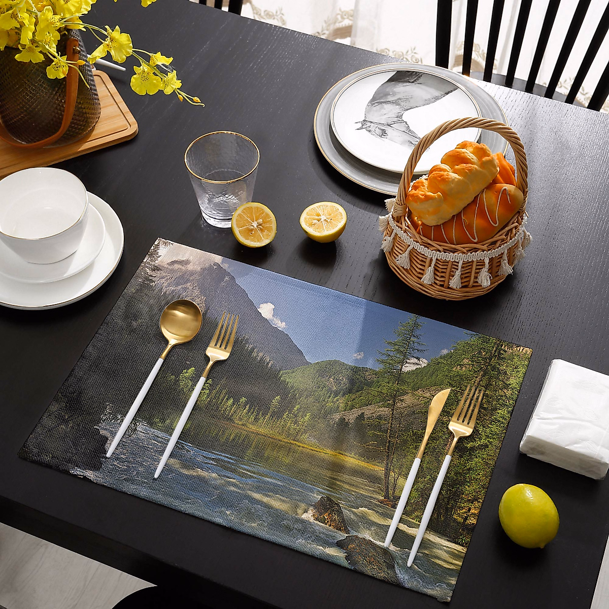 Placemats Set of 4, Flowing River and Pine Trees with Scenic Mountain Place Mats Dining Table Mat for Kitchen Washable Place Mats Heat-Insulation Non-Slip Plate Cup Mats for Table Decor, 13 x 19 Inch