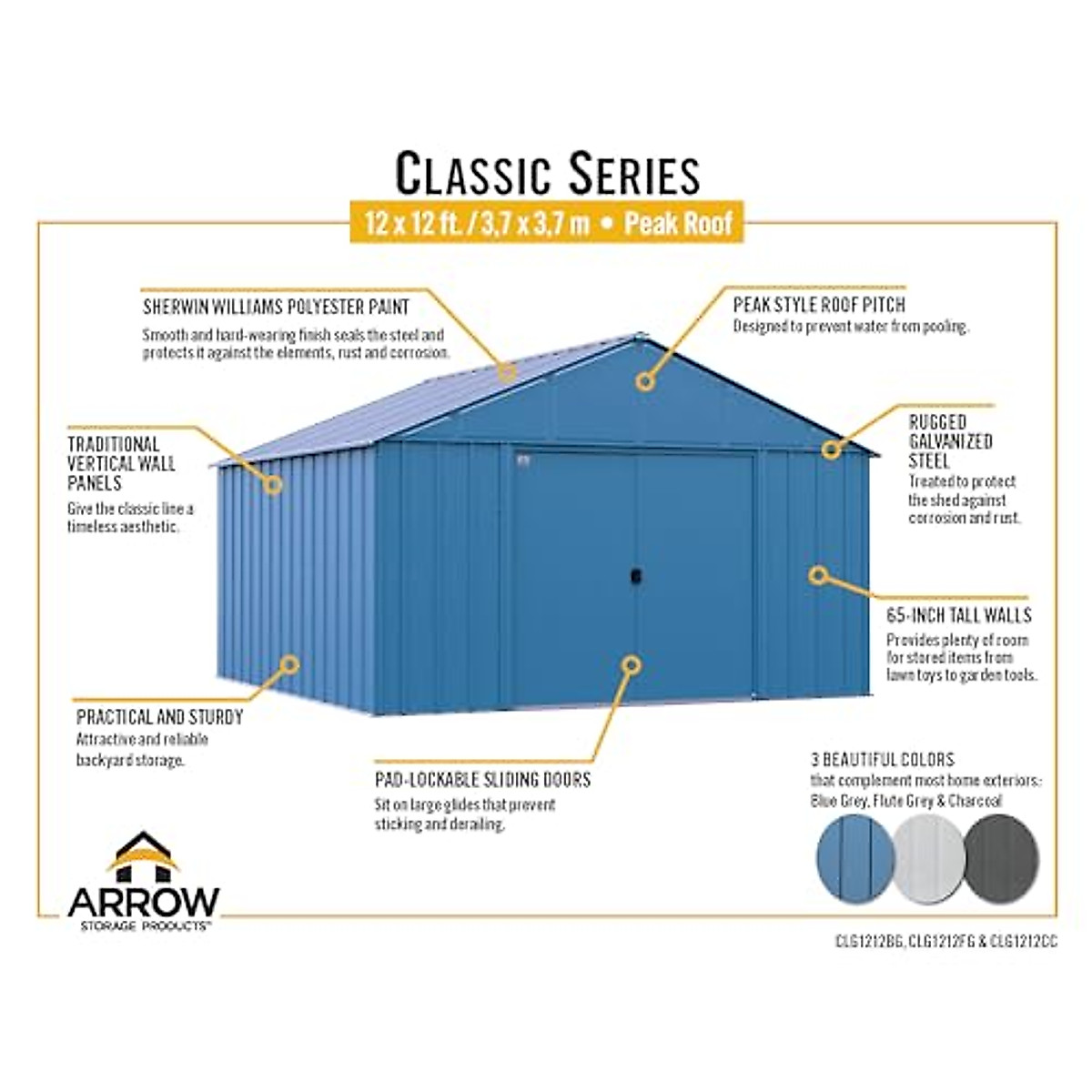 Arrow Classic Metal Shed, 12 x 12, Flute Grey