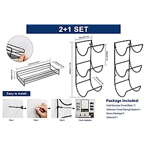 NearMoon Towel Rack Wall Mounted- All Metal Bathroom 2 Towel Rack Holders+ Hand Towel Storage Basket, Rustproof 3 Level Wine Rack Storage Organizer for Hand Towels, Washcloths, 2+1 Pack (Matte Black)