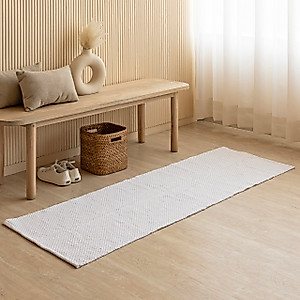 HOMEMONDE Herringbone Cotton Area Rug - 2' x 6' Abstract Accent Runner - Reversible Boho Lightweight Throw Rug for High Traffic Areas Kitchen, Mudroom, Entryway (White)