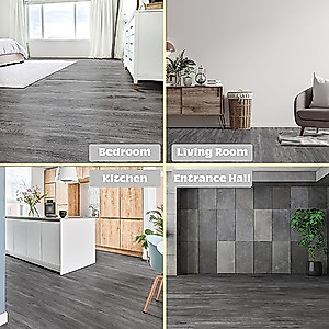 Oxdigi Peel and Stick Floor Tile 36" x 6"x 12 Packs/ 18 Sq.Ft, Thicken Wood Plank Flooring Self-Adhesive Waterproof for Kitchen Living Room RV, Easy DIY Floor Stickers, Smoky Grey