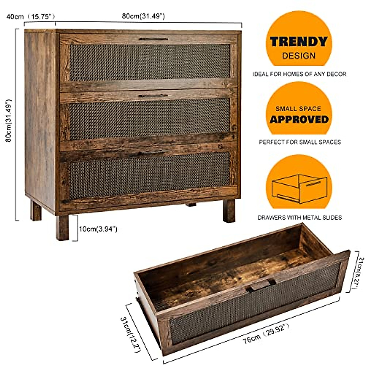 Graficial 3 Drawer Dresser, Dresser for Bedroom, Rattan Chest of Drawers, Rustic Brown Bedside Table Dressers