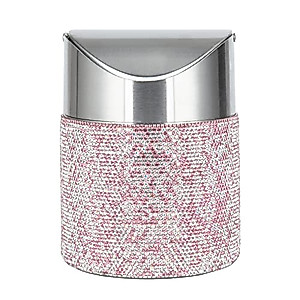 KEYPOWER Bling Rhinestone Mini Trash Can Tiny Waste Can with Swing Lid Stainless Steel,Suitable for Countertop,Car,Table Desk(Pink)