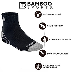 Premium Bamboo Crew Work Socks- Quarter High Moisture Wicking, Odor Eliminating Black Quarter Crew Socks for Men Size 9-12 - 3 Pair
