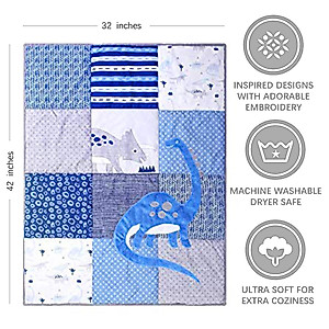 Little Grape Land 3 Piece Baby Crib Bedding Set, Dinosaur Standard Size Crib Set, Nursery Bedding for Boys, Crib Sheet, Comforter, Crib Skirt, 28" x 52", Blue/Grey