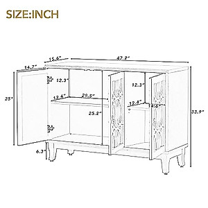 Voohek Glass Mirrored Doors and Adjustable Shelf, Buffet Cabinet with Drop-Shaped Silver Handle for Living, Hallway, Dining Room, Black Sideboard