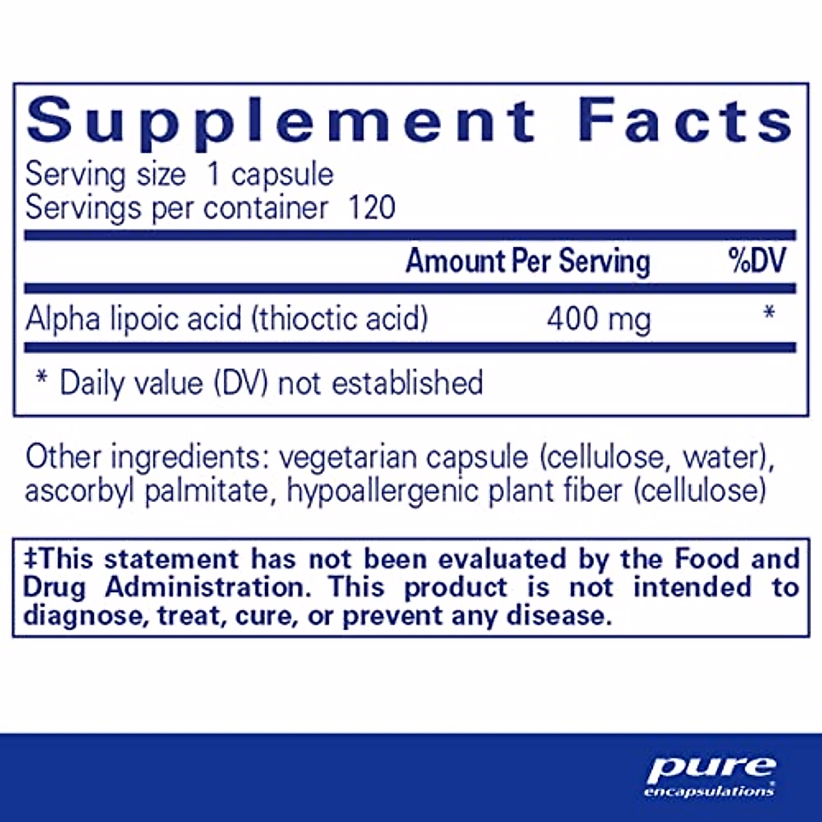 Pure Encapsulations Alpha Lipoic Acid 400 mg | ALA Supplement for Liver Support, Antioxidants, Nerve and Cardiovascular Health, Free Radicals, and Carbohydrate Support* | 120 Capsules