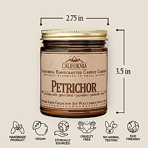 California Handcrafted Petrichor Scented Soy Wax Candle | Rich Damp Earth + Green Floral + Cucumber + Patchouli + Moss | 9 oz Jar