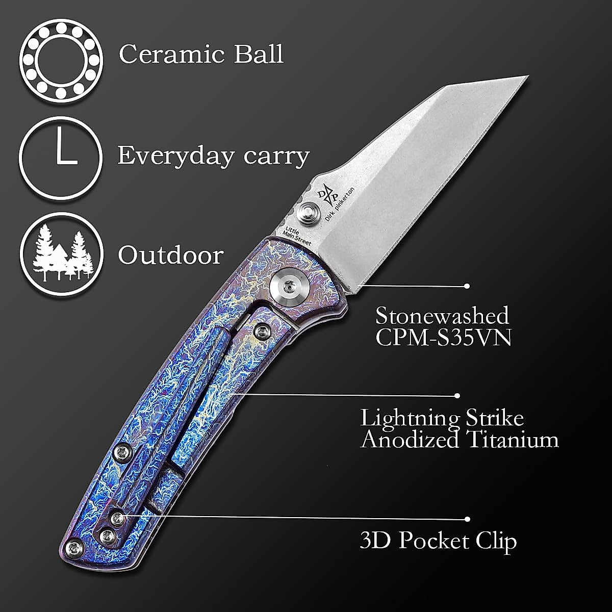 KANSEPT Mini Main Street Pocket Folding Knives EDC Pocket Knife 2.26'' S35VN Material Pocket Folding Knife with Lightning Strike Anodized Titanium Handle EDC Box Opener K2015A5
