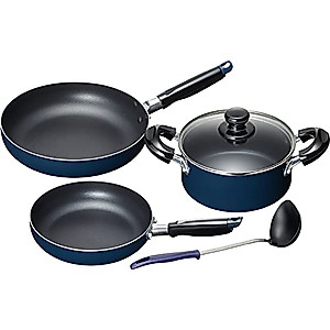 Wahei Freiz MB-2381 Easy Care Cookware Set F, One-Handed Pot, 6.3 inches (16 cm) & Frying Pan, 8.7 inches (22 cm), Blue, Fluorine Resin Treatment, Induction and Gas Compatible