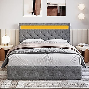 Homhougo Full Bed Frame with LED Lights Headboard, LED Bed Frame with Fast-Charging USB Port, Upholstered Platform Bed Frame, No Box Spring Needed, Easy Assembly, Grey