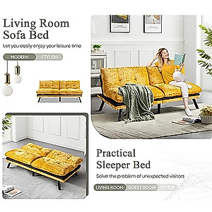 Convertible Comfy Futon Sofa Bed, 72" L Sleeper Couch with Thicker Cushion, Upholstered Modern Reclining Loveseat Folding Sofa for Small Living Room, Dorm, Apartment, Office, Yellow