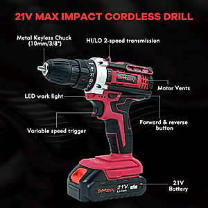 BeHappy Cordless Drill Set, 21V Power Drill Kit, Electric Power Drill Set with 2 Batteries and Charger, 25+3 Torque Setting, 2 Speed, 315 In-lb, LED, 23pcs Drill Bit, Impact Drill Set for Home, DIY