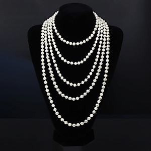 BABEYOND Vintage 1920s Gatsby Imitation Pearl Choker Necklace 20s Art Deco Flapper Accessories for Women White (two 59" long necklace set)