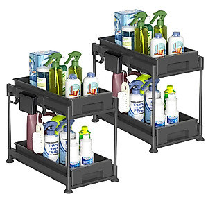 LBW 2 Packs Under Sink Organizer and Storage, 2 Tier Sliding Bathroom Cabinet Organizers Multi-Purpose Kitchen Organization and Storage，Drawer Pantry Organizer with Hooks,Black (Pack of 2)