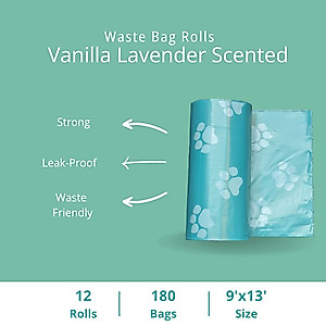 Vanilla Lavender Scent 180 Dog Poop Bags Rolls (12 rolls) & 25 Individual Pet Wipes - 2 in 1 Calming Cleaning Kit for Pet Owners, Cat Litter, Dog Leash, Pet Supplies, Puppy Pads.