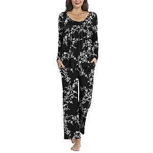 POPYOUNG Women's pyjamas set, Fall Winter lounge sets for women 2 piece Sleepwear Long Sleeve With Pockets Ladies Pjs Set L, White FL Carvings