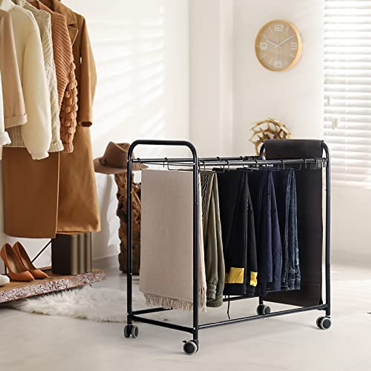 Pants Hanger Rolling Pants Trolley Pant Rack with 20 Hangers and Side Bag Multifunctional Closet Organizer for Jeans Scarf Skirts Trouser Blanket, Black