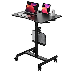 JYLH JOYSEEKER Mobile Standing Desk, 28 inch Height Adjustable Rolling Laptop Desk, Pneumatic Sit Stand Desk with Lockable Wheels, Portable Desk Workstation for Home Office, White