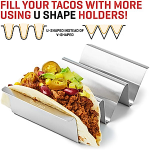 Uno Casa Metal Taco Holder Set of 6 - U-Shaped Taco Holders for Griddle, Durable Taco Holders for Party, Stainless Steel Fun Taco Holders, Dishwasher Safe Taco Holders for Oven - Recipe Book Included