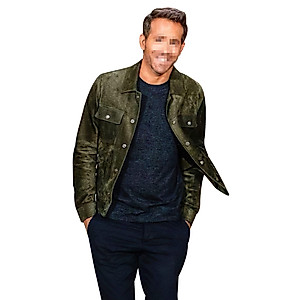 LP-FACON Mens Red Notice Ryan Reynlds Green Trucker Suede Leather Jacket For Nolan Booth