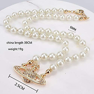 BSLVWG White Pearl Necklaces,Crystal Rhinestone Saturn Planet Necklace,Ladies Pendant Necklace Minimalist Jewelry Friend Girlfriend Birthday Anniversary for Mum Her Wife Girlfriend (Silver, 35cm)