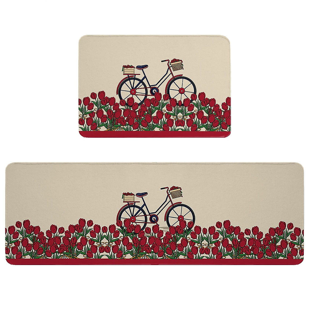 Libaoge Full of Love Bicycles and Red Rose Flower Floral Kitchen Mat Rug Set of 2 Runner Rug Anti-Fatigue Comfort Memory Foam Standing Mat Non-Slip Floor Door Mat for Bathroom Bedroom 18x30in+18x60in