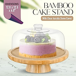 Bamboo Cake Stand with Dome Multi Function 6 in 1 Cake Holder Serving Platter, (12") Round Veggie Stand and Salad Bowl, Decorative Display Cake Stand with lid