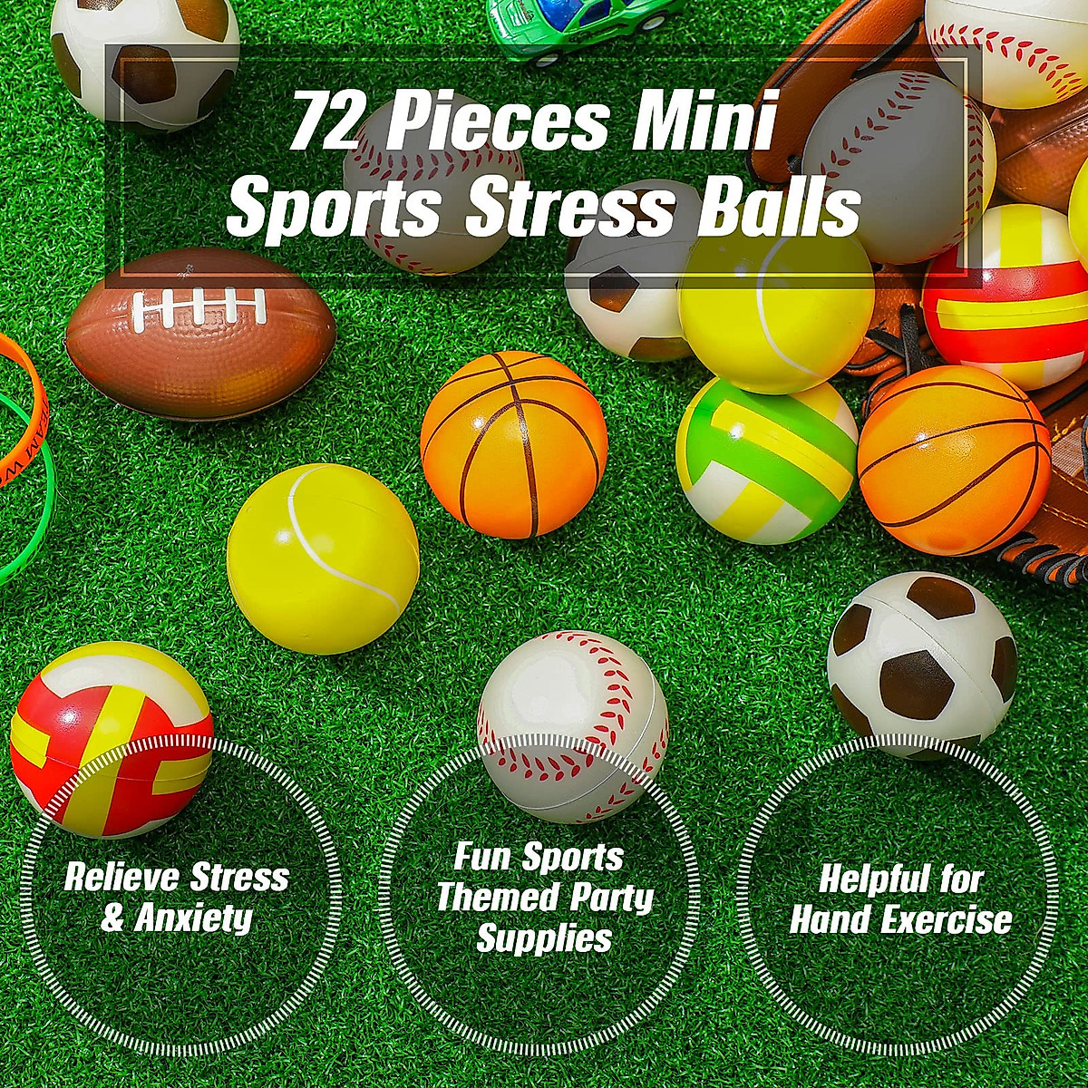 72 Pcs Sports Stress Balls Bulk 2.5 Inch Party Favor for Kids Mini Foam Stress Balls Pool Beach Toys Basketball Football Baseball Soccer Tennis Volleyball for Sports Party Supplies, Stress Relief