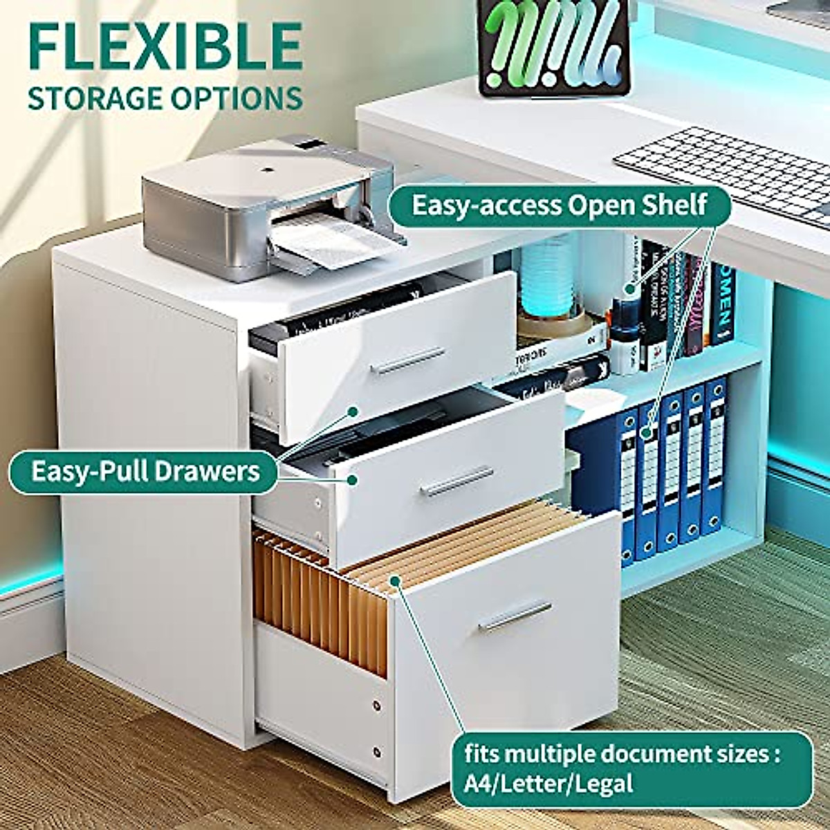 YITAHOME L Shaped Desk with Power Outlets & LED Lights & File Cabinet, 55" Corner Computer Desk with 3 Drawers and 2 Storage Shelves, Home Office Desk with Monitor Stand, White