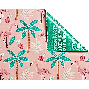 American Greetings Reversible Palms, Sloths, Flamingo Wrapping Paper for All Occasion, Green and Pink (3 Rolls, 120 sq. ft.)