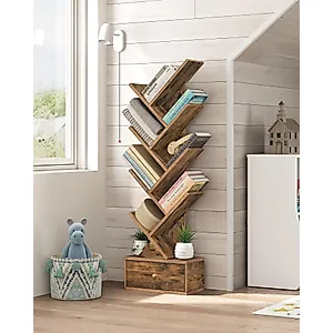 Yzosvki 9 Tier Tree Book Shelf with Drawer, Floor Standing Bookshelf Storage Organizer Bookshelves for Books/CDs, 9 Shelf Narrow Bookcase for Sturdy Room, Bedroom, Living Room, Rustic Brown
