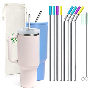 8 Piece 1/4 inch (6mm) Wide Stainless Steel Straws for 40 oz Tumbler with Handle, 12 Inch Long Reusable Metal Drinking Straws, Replacement Straws with Silicone Tips & Cleaning Brush, Silver