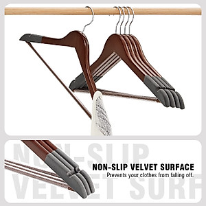 TECHMILLY Solid Natural Wooden Coat Hangers, 10 Pack Heavy Duty Smooth Finish Suit Hangers with Non-Slip Pant Bar, Precisely Cut Notches & Chrome Swivel Hook for Closet, Wardrobe