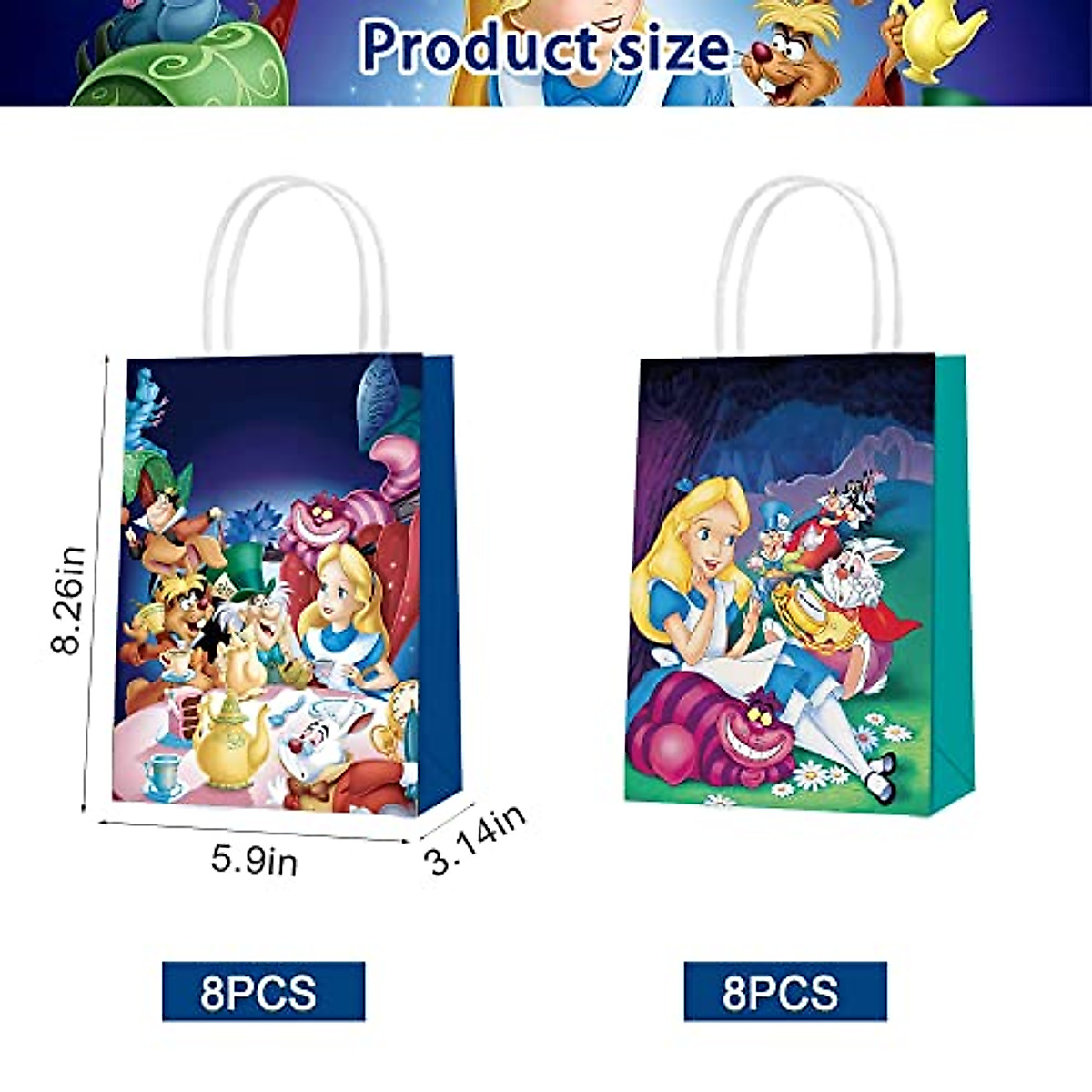 16 Pcs Alice in Wonderland Party Paper Gift Bags, 2 Styles Party Favor Bags with Handles for Alice in Wonderland Party Decorations, Goody Bags Candy Gift Bags for Girls Boys Birthday Party Supplies Favors
