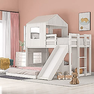 MERITLINE House Bed Bunk Beds with Slide Twin Over Full Size Bunk Bed Frame with Slide,Wooden Playhouse - Design Slide Bunk Beds Twin Over Full Bunk for Boys and Girls