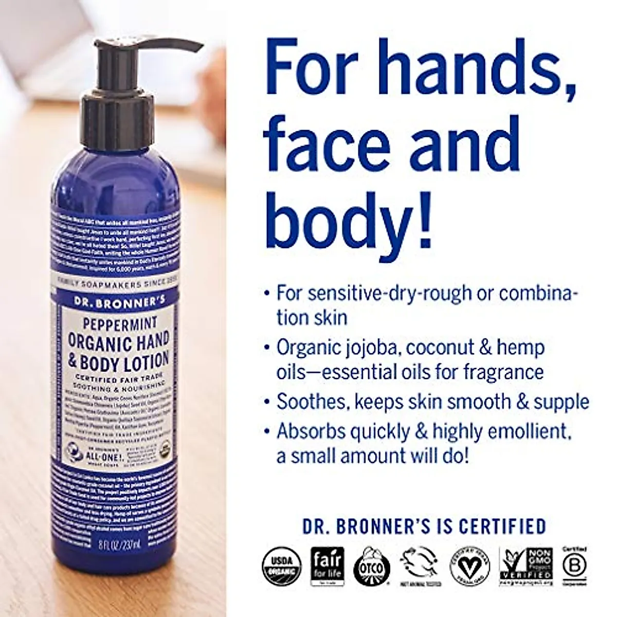 Dr. Bronner's - Organic Lotion (Peppermint, 8 Ounce) - Body Lotion and Moisturizer, Certified Organic, Soothing for Hands, Face and Body, Highly Emollient, Nourishes and Hydrates, Vegan, Non-GMO