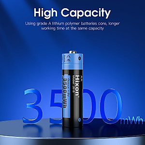 Hixon 12-Pack AA Rechargeable Lithium 1.5V Batteries with Charger,3500mWh,1600Cycles,3A Max Discharge Current,2H Fast Charge,Constant Output.