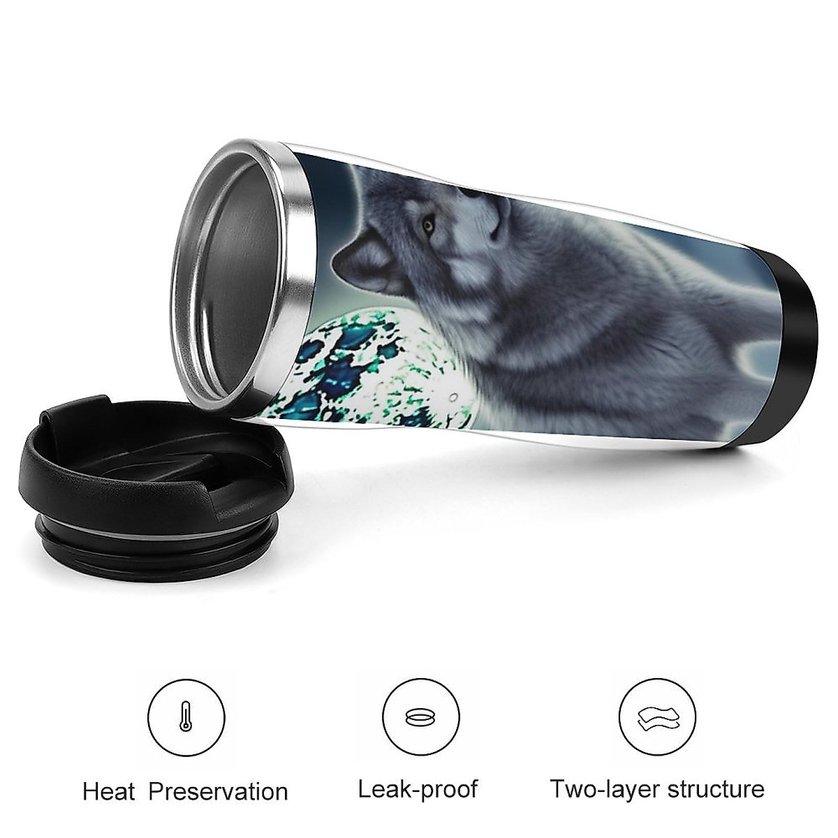 13 Oz Travel Mug Wolf Under Moon Stainless Steel Double Wall Vacuum Leak Proof Insulated Tumbler with Lid Hot And Cold Beverage Holder for Travel Picnic Outdoor