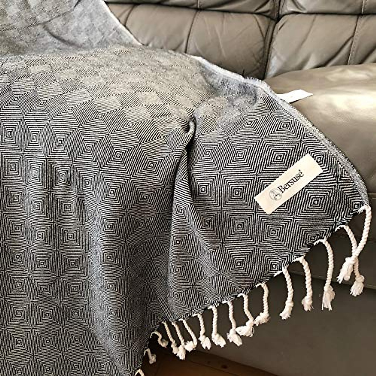 Bersuse 100% Cotton Milas XL Throw Blanket Turkish Towel - 60x90 Inches, Black