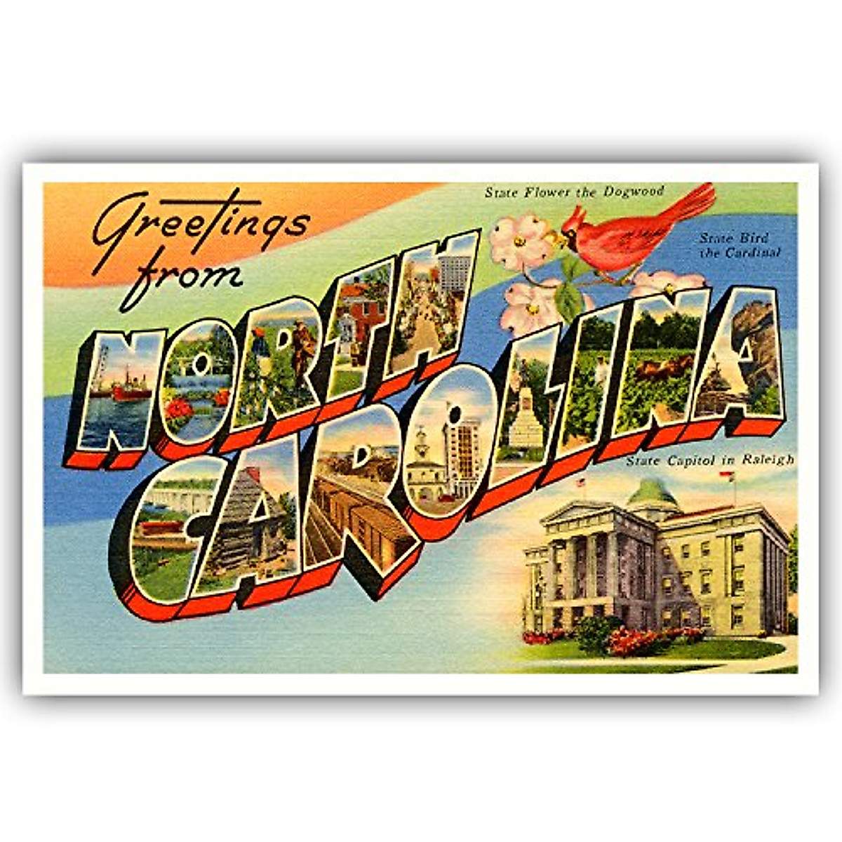 GREETINGS FROM NORTH CAROLINA vintage reprint postcard set of 20 identical postcards. Large letter US state name post card pack (ca. 1930's-1940's). Made in USA.