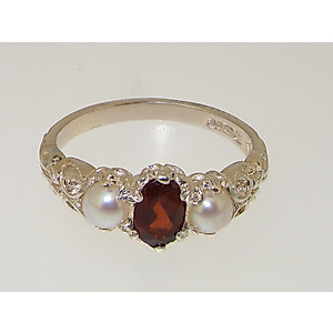 LetsBuyGold 925 Sterling Silver Real Genuine Garnet & Cultured Pearl Womens Band Ring - Size 12