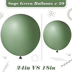 Jenaai 20 Pcs 24 Inch Balloons Large Sage Green Balloons Giant Wedding Olive Green Thick Big Jumbo Eucalyptus Latex Balloons for Birthday Bridal Shower Wedding Party Decorations