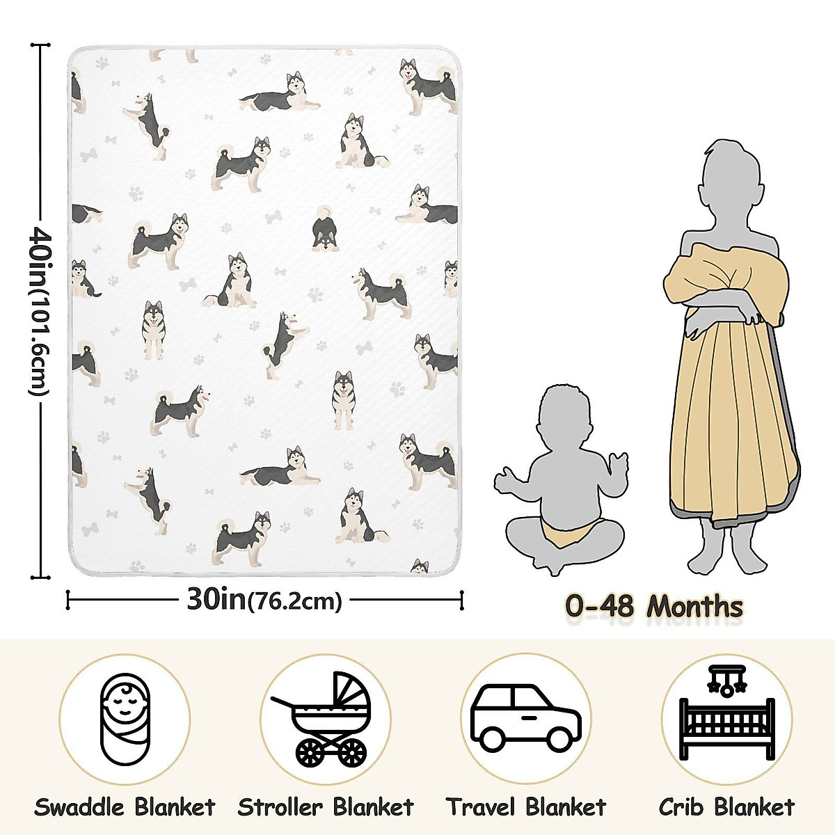 Ollabaky Malamute Dogs Baby Blanket for Boys Girls Cotton Throw Blanket Swaddle Blanket for Crib Stroller Nursery Receiving Blanket Infant Toddler Unisex 30"x40"