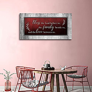 Inspirational Wall Art Painting | Christian Quote Canvas Wall Art Dining Room | Red Wall Decor Living Room | Wooden Framed Canvas | Rustic Home Decor Farmhouse | Bless The Food Before Us,Ready To Hang 24"X 48"