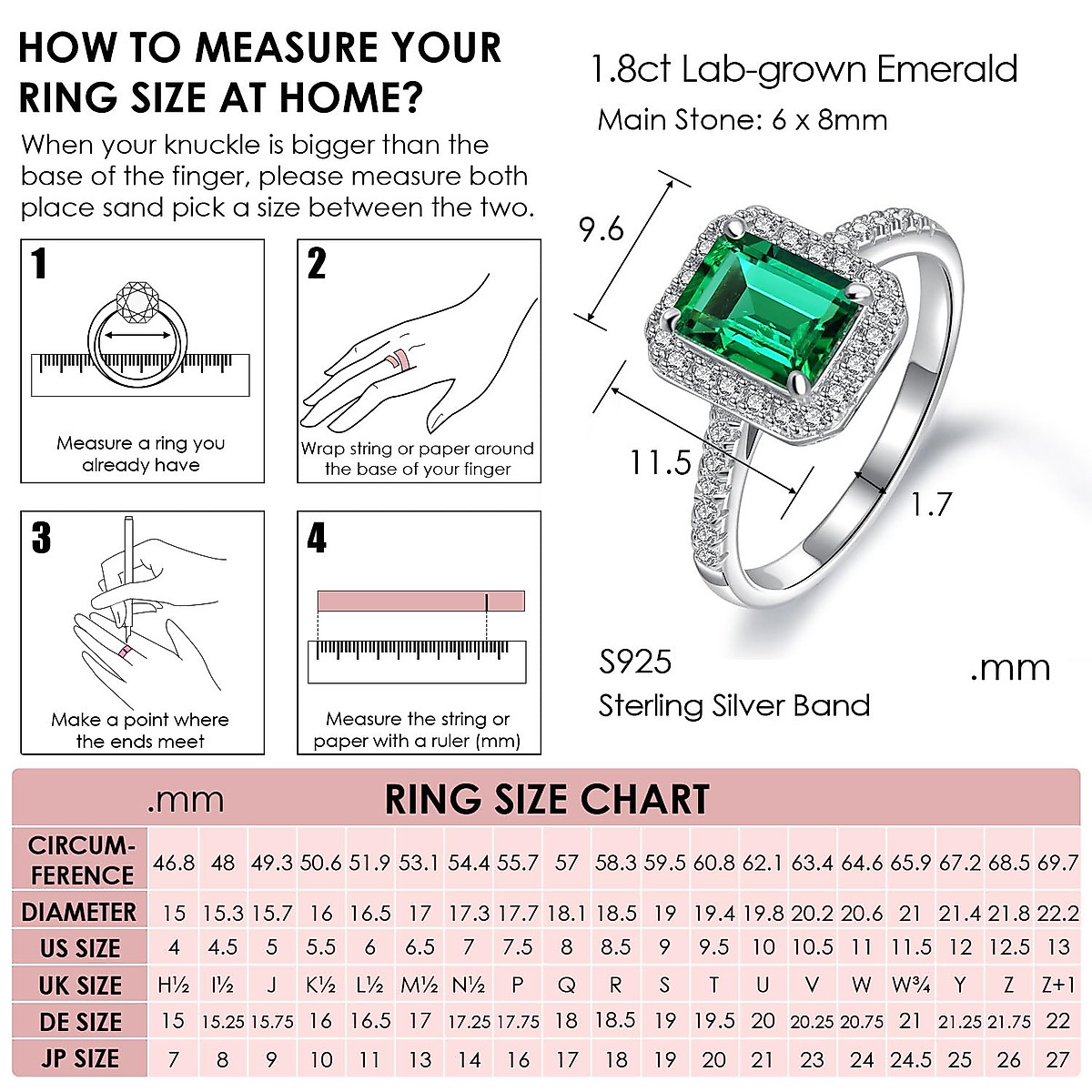Michooyel S925 1.8ct Lab-grown Emerald Ring Halo Diamond Bands Engagement Ring Wedding Ring Sterling Silver Cubic Zirconia Fine Jewelry For Women