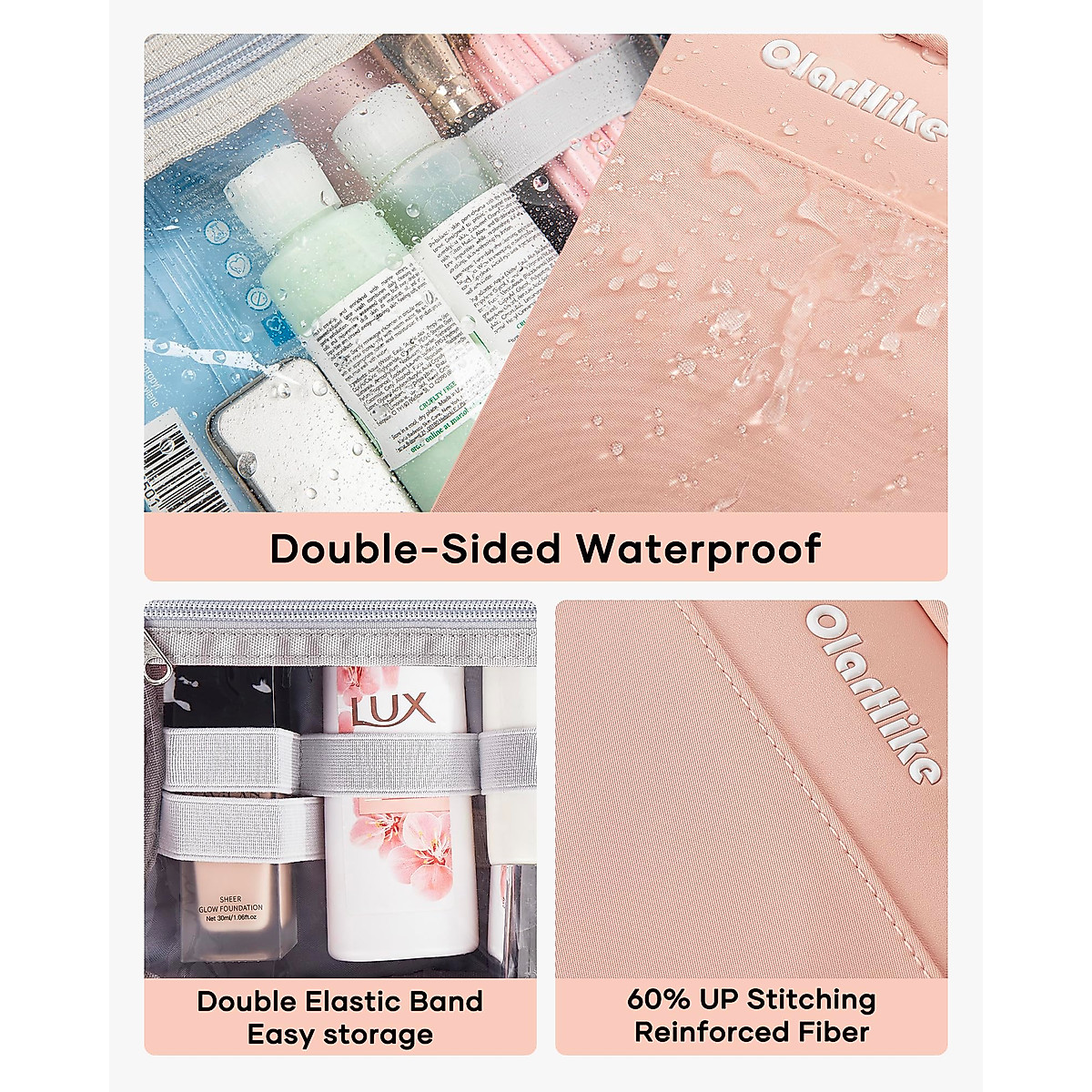 OlarHike Toiletry Bag,Large Size Waterproof Hanging Bags, Makeup Jewelry 3 in 1 Essentials Travel Packing Organizers, Fulled-Sized Family Pack, Shampoo, Conditioner, Brushes Set (Pink)